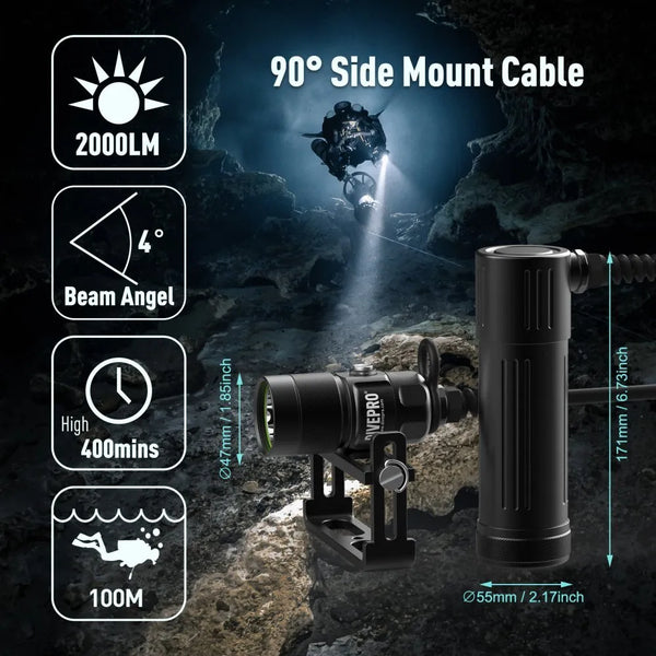 DivePro CL2000S Canister Light (Sidemount Cable) 2000 Lumens – iDive.co.nz